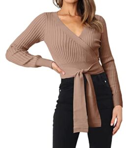 btfbm women wrap deep v neck cropped sweaters long sleeve high waist tie front slim fit ribbed knit pullover sweater top(solid khaki, small)