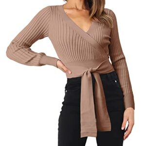 BTFBM Women Wrap Deep V Neck Cropped Sweaters Long Sleeve High Waist Tie Front Slim Fit Ribbed Knit Pullover Sweater Top(Solid Khaki, Small)