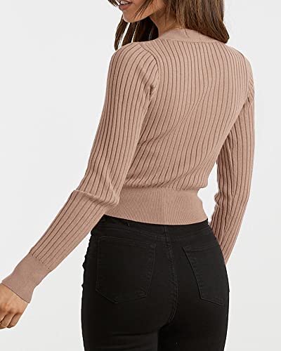 BTFBM Women Wrap Deep V Neck Cropped Sweaters Long Sleeve High Waist Tie Front Slim Fit Ribbed Knit Pullover Sweater Top(Solid Khaki, Small)