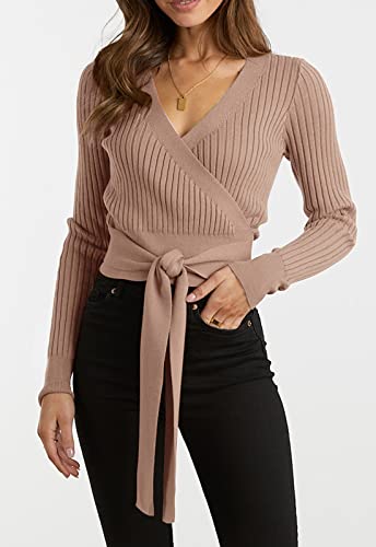 BTFBM Women Wrap Deep V Neck Cropped Sweaters Long Sleeve High Waist Tie Front Slim Fit Ribbed Knit Pullover Sweater Top(Solid Khaki, Small)