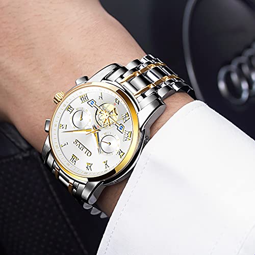 OLEVS Watch Men Gold and Silver Watches for Men Stainless Steel Watch Waterproof Luxury Sport Watches for Men Analog Chronograph Multifunction Watch with Date Casual Business Men Wrist Watch Reloj De Hombre