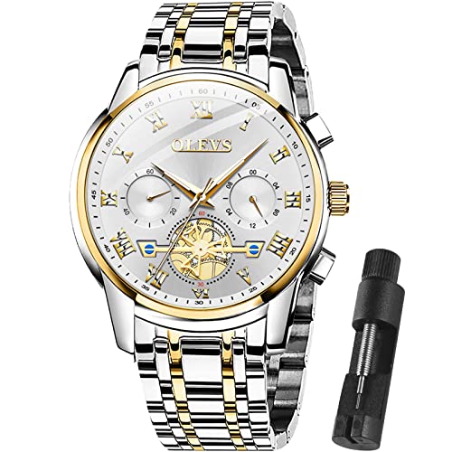 OLEVS Watch Men Gold and Silver Watches for Men Stainless Steel Watch Waterproof Luxury Sport Watches for Men Analog Chronograph Multifunction Watch with Date Casual Business Men Wrist Watch Reloj De Hombre