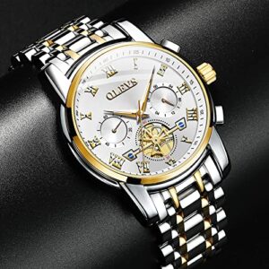 OLEVS Watch Men Gold and Silver Watches for Men Stainless Steel Watch Waterproof Luxury Sport Watches for Men Analog Chronograph Multifunction Watch with Date Casual Business Men Wrist Watch Reloj De Hombre