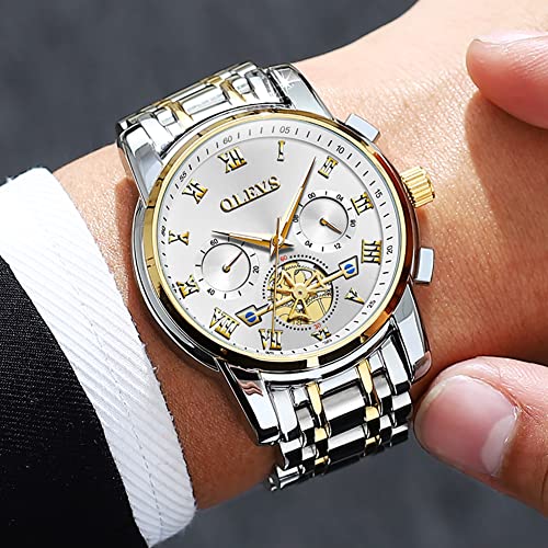 OLEVS Watch Men Gold and Silver Watches for Men Stainless Steel Watch Waterproof Luxury Sport Watches for Men Analog Chronograph Multifunction Watch with Date Casual Business Men Wrist Watch Reloj De Hombre