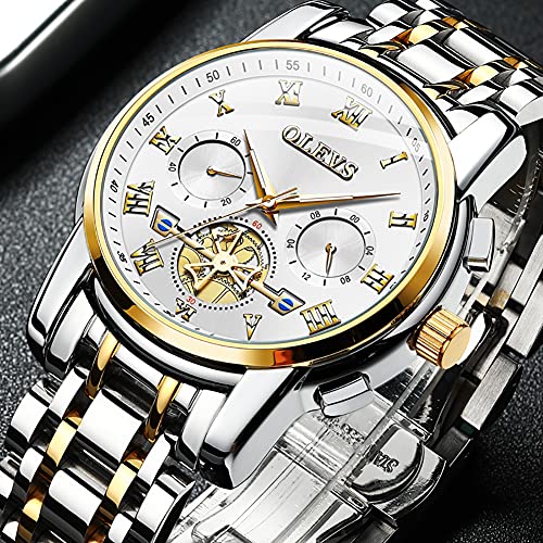 OLEVS Watch Men Gold and Silver Watches for Men Stainless Steel Watch Waterproof Luxury Sport Watches for Men Analog Chronograph Multifunction Watch with Date Casual Business Men Wrist Watch Reloj De Hombre