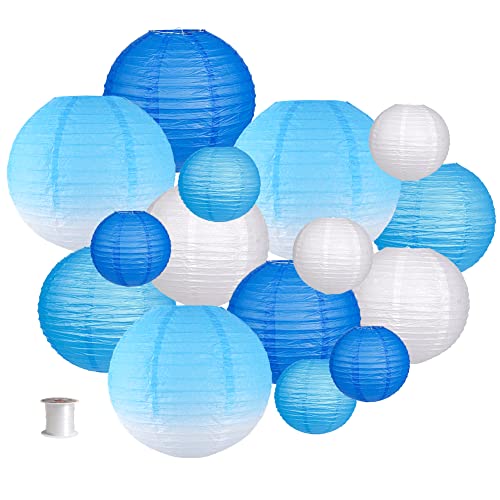 Paper Lanterns Decorative, Party Supplies for Wedding Graduation Anniversary Birthday Party Decorations Blue/White 15pcs