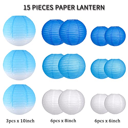 Paper Lanterns Decorative, Party Supplies for Wedding Graduation Anniversary Birthday Party Decorations Blue/White 15pcs