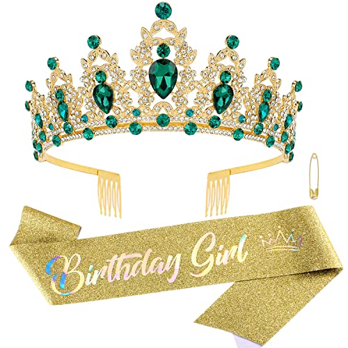 SuPoo Birthday Crowns Birthday Sash and Crown Kit Green Birthday Tiara Rhinestones Crown with Comb Glitter Birthday Girls Sash Crystal Headband Happy Birthday Decorations Gifts for Women