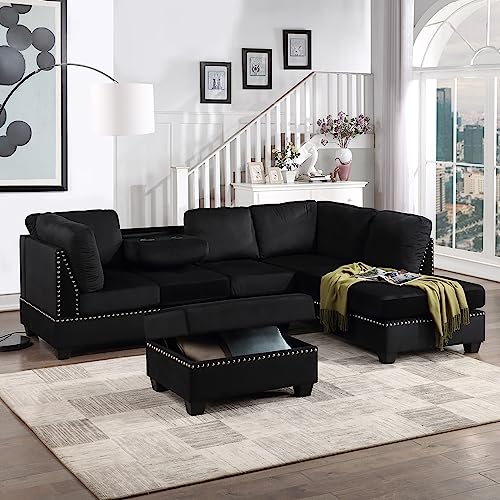 P PURLOVE Sectional Sofa with Reversible Chaise Lounge, Velvet L-Shaped Sofa with Storage Ottoman and Cup Holders, Nail Head Detail, Sectional Couches Living Room Furniture Sets (Black)