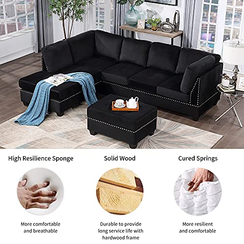 P PURLOVE Sectional Sofa with Reversible Chaise Lounge, Velvet L-Shaped Sofa with Storage Ottoman and Cup Holders, Nail Head Detail, Sectional Couches Living Room Furniture Sets (Black)