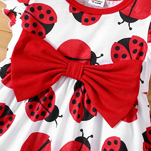 PATPAT Baby Girl Dress Cute Newborn Infant Girls Ruffle Sleeve Bowknot Dress Princess Casual Dress Ladybug 6-9 Months