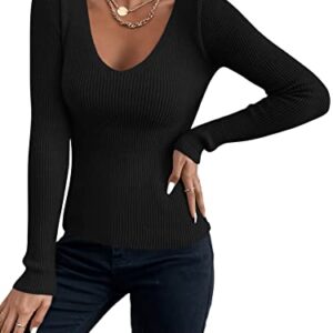 SweatyRocks Women's Casual Long Sleeve V Neck Top Solid Ribbed Knit Pullover Sweater Black S