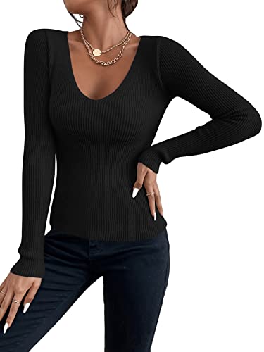 SweatyRocks Women's Casual Long Sleeve V Neck Top Solid Ribbed Knit Pullover Sweater Black S