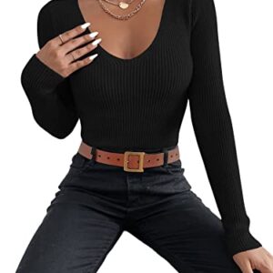 SweatyRocks Women's Casual Long Sleeve V Neck Top Solid Ribbed Knit Pullover Sweater Black S