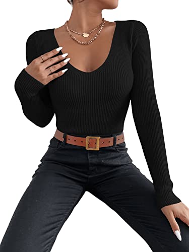 SweatyRocks Women's Casual Long Sleeve V Neck Top Solid Ribbed Knit Pullover Sweater Black S