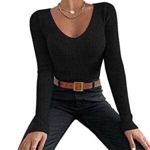 SweatyRocks Women's Casual Long Sleeve V Neck Top Solid Ribbed Knit Pullover Sweater Black S