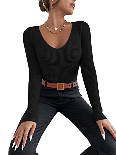 SweatyRocks Women's Casual Long Sleeve V Neck Top Solid Ribbed Knit Pullover Sweater Black S