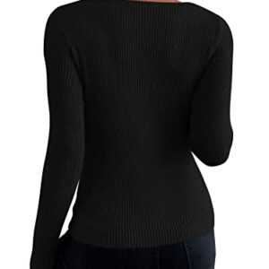 SweatyRocks Women's Casual Long Sleeve V Neck Top Solid Ribbed Knit Pullover Sweater Black S