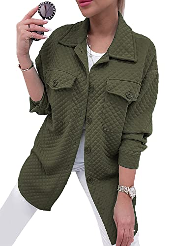 PRETTYGARDEN Women's 2023 Winter Quilted Jackets Lapel Coat Outerwear Casual Long Sleeve Button Down Blouse Shirts Tops (Army Green,Medium)