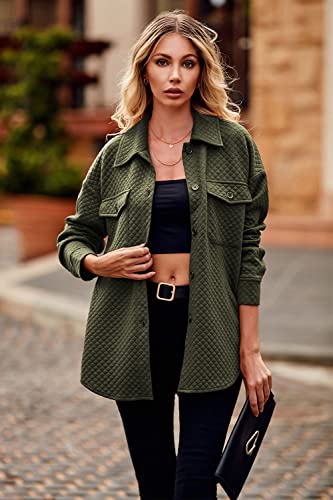 PRETTYGARDEN Women's 2023 Winter Quilted Jackets Lapel Coat Outerwear Casual Long Sleeve Button Down Blouse Shirts Tops (Army Green,Medium)