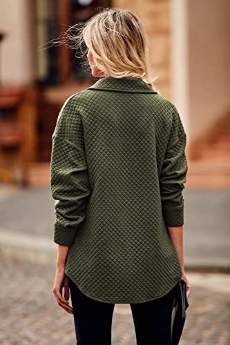 PRETTYGARDEN Women's 2023 Winter Quilted Jackets Lapel Coat Outerwear Casual Long Sleeve Button Down Blouse Shirts Tops (Army Green,Medium)