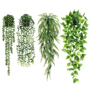 jpsor fake hanging plants, 4 pack artificial potted greenery faux eucalyptus vine, boston fern, string of pearls, pothos ivy in pot for home room wall shelf patio garden indoor outdoor decor