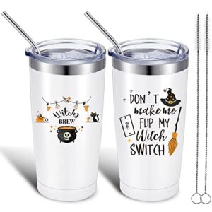 2 pack halloween witch tumbler mug cup, 20 oz witch's brew dont make me flip my witch switch gothic insulated travel coffee cup, novelty funny gift for friend sister coworker, includes straw and brush