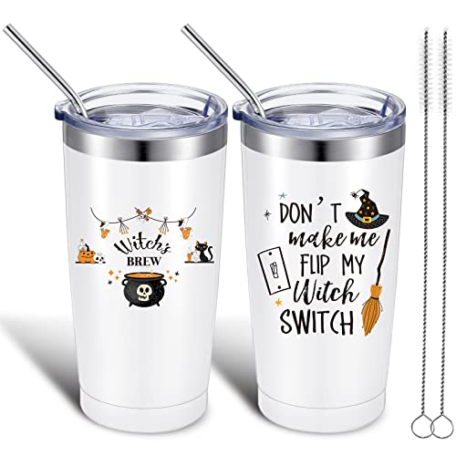 2 Pack Halloween Witch Tumbler Mug Cup, 20 oz Witch's Brew Dont Make Me Flip My Witch Switch Gothic Insulated Travel Coffee Cup, Novelty Funny Gift for Friend Sister Coworker, Includes Straw and Brush