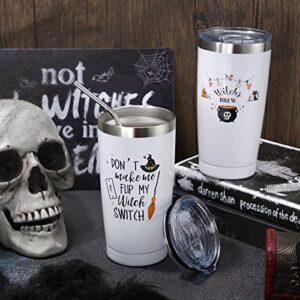 2 Pack Halloween Witch Tumbler Mug Cup, 20 oz Witch's Brew Dont Make Me Flip My Witch Switch Gothic Insulated Travel Coffee Cup, Novelty Funny Gift for Friend Sister Coworker, Includes Straw and Brush