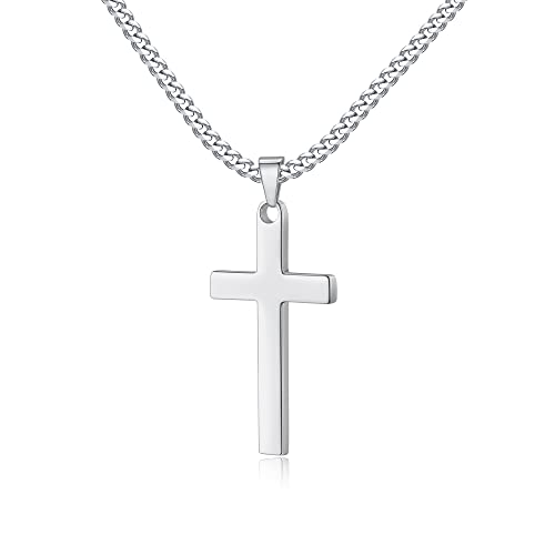 LUXEJEW Silver Cross Necklace for Men, Stainless Steel Silver Cross Chain Pendant Necklace for Men Boys Mens Cross Necklaces Cuban Link Chain Cross Chain Necklace for Men Boys Jewelry Gifts 18 Inches