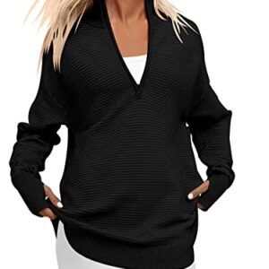 ANRABESS Sweater for Women Oversized Quarter Zip Long Sleeve V Neck Collared Casual Curved Hem Slouchy Ribbed Knit Thumb Hole Pullover Shirt 2023 Fall Winter Trendy Clothes Tops 624heise-M Black