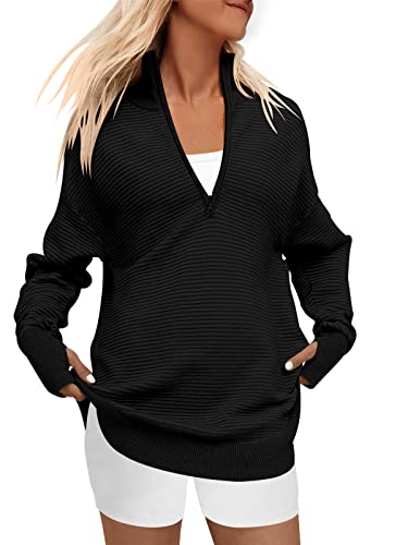 ANRABESS Sweater for Women Oversized Quarter Zip Long Sleeve V Neck Collared Casual Curved Hem Slouchy Ribbed Knit Thumb Hole Pullover Shirt 2023 Fall Winter Trendy Clothes Tops 624heise-M Black