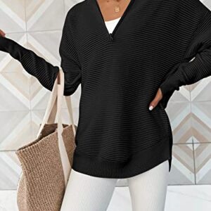 ANRABESS Sweater for Women Oversized Quarter Zip Long Sleeve V Neck Collared Casual Curved Hem Slouchy Ribbed Knit Thumb Hole Pullover Shirt 2023 Fall Winter Trendy Clothes Tops 624heise-M Black