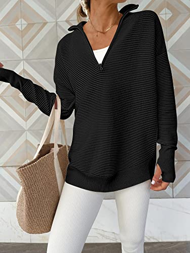 ANRABESS Sweater for Women Oversized Quarter Zip Long Sleeve V Neck Collared Casual Curved Hem Slouchy Ribbed Knit Thumb Hole Pullover Shirt 2023 Fall Winter Trendy Clothes Tops 624heise-M Black