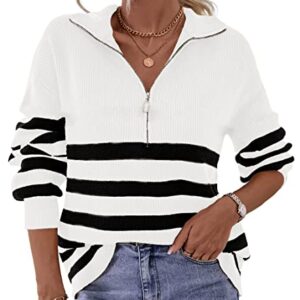 BTFBM Women 2023 Casual Long Sleeve Zip Striped Pullover Sweaters V Neck Collar Ribbed Knit Fall Winter Slouchy Jumpers (Striped White, Large)