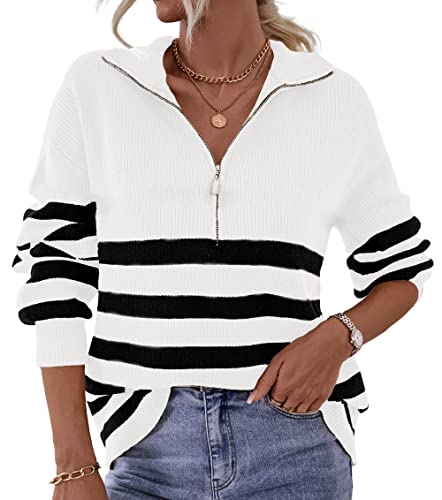 BTFBM Women 2023 Casual Long Sleeve Zip Striped Pullover Sweaters V Neck Collar Ribbed Knit Fall Winter Slouchy Jumpers (Striped White, Large)