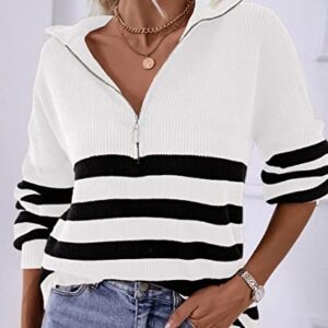 BTFBM Women 2023 Casual Long Sleeve Zip Striped Pullover Sweaters V Neck Collar Ribbed Knit Fall Winter Slouchy Jumpers (Striped White, Large)