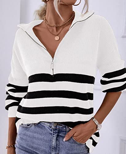 BTFBM Women 2023 Casual Long Sleeve Zip Striped Pullover Sweaters V Neck Collar Ribbed Knit Fall Winter Slouchy Jumpers (Striped White, Large)