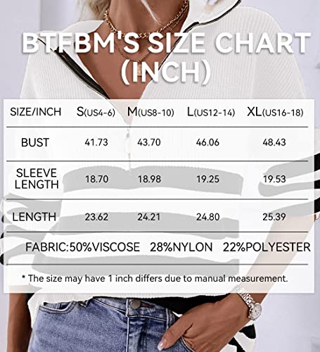 BTFBM Women 2023 Casual Long Sleeve Zip Striped Pullover Sweaters V Neck Collar Ribbed Knit Fall Winter Slouchy Jumpers (Striped White, Large)