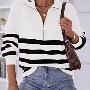 BTFBM Women 2023 Casual Long Sleeve Zip Striped Pullover Sweaters V Neck Collar Ribbed Knit Fall Winter Slouchy Jumpers (Striped White, Large)