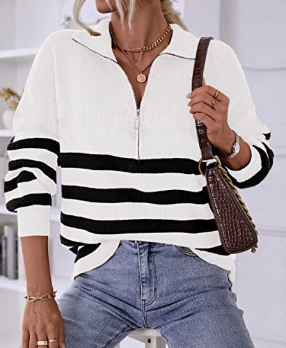 BTFBM Women 2023 Casual Long Sleeve Zip Striped Pullover Sweaters V Neck Collar Ribbed Knit Fall Winter Slouchy Jumpers (Striped White, Large)