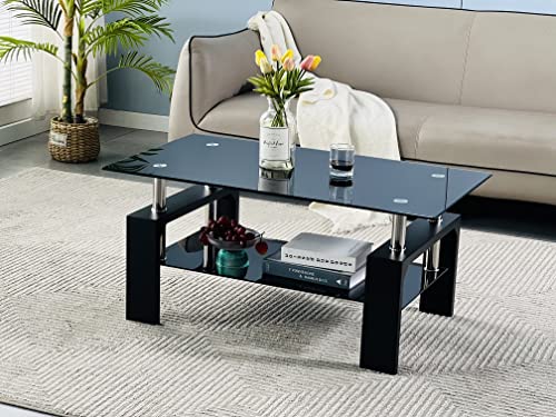 Btrpily Living Room Rectangle Coffee Table, Tea Table Suitable for Waiting Room, Modern Side Coffee Table with Wooden Leg, Glass Tabletop with Lower Shelf, 39.5D x 23.5W x 17.5H in, Black