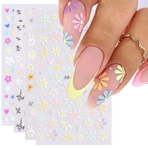 yosomk flower nail art stickers 5d embossed nail decals spring daisy nail art design self adhesive nail supplies white yellow colorful flower nail stickers for women manicure decoration