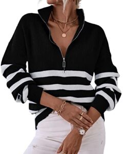 btfbm women 2023 casual long sleeve zip striped pullover sweaters v neck collar ribbed knit fall winter slouchy jumpers (striped black, large)