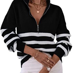 BTFBM Women 2023 Casual Long Sleeve Zip Striped Pullover Sweaters V Neck Collar Ribbed Knit Fall Winter Slouchy Jumpers (Striped Black, Large)