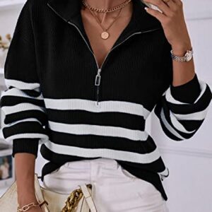 BTFBM Women 2023 Casual Long Sleeve Zip Striped Pullover Sweaters V Neck Collar Ribbed Knit Fall Winter Slouchy Jumpers (Striped Black, Large)