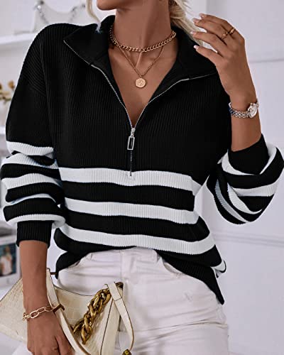 BTFBM Women 2023 Casual Long Sleeve Zip Striped Pullover Sweaters V Neck Collar Ribbed Knit Fall Winter Slouchy Jumpers (Striped Black, Large)