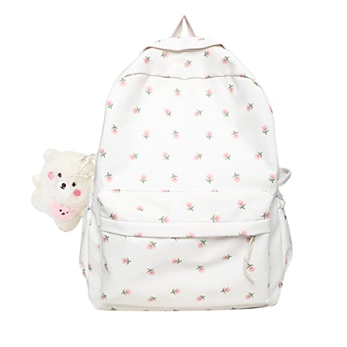 kakarin choyx Kawaii Backpack Mori Art Floral Backpack With Pendant 16.1 Inch Aesthetic Backpack Cute Backpack Classic Casual Computer Backpack (White)