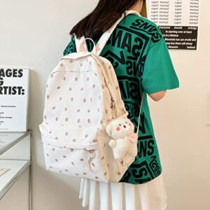 kakarin choyx Kawaii Backpack Mori Art Floral Backpack With Pendant 16.1 Inch Aesthetic Backpack Cute Backpack Classic Casual Computer Backpack (White)