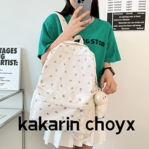 kakarin choyx Kawaii Backpack Mori Art Floral Backpack With Pendant 16.1 Inch Aesthetic Backpack Cute Backpack Classic Casual Computer Backpack (White)